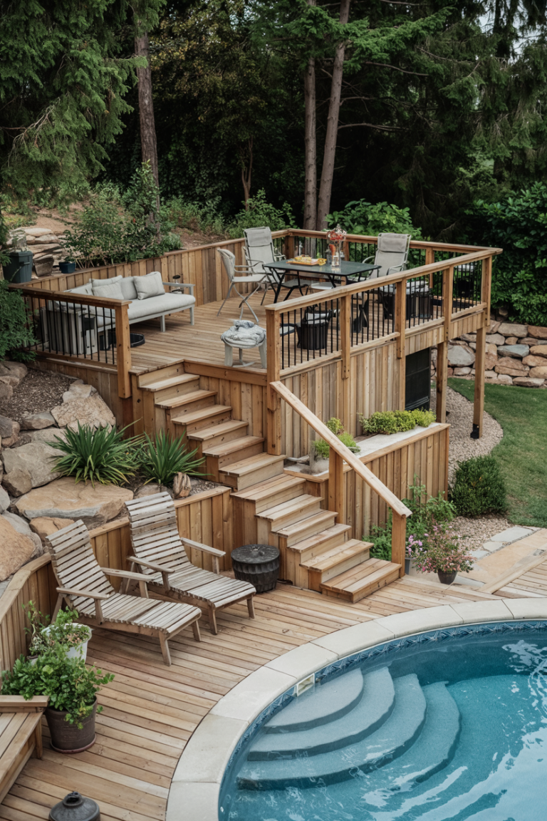 Above Ground Pool Deck Ideas 2025 with DIY Styles for Sloped Yards and ...