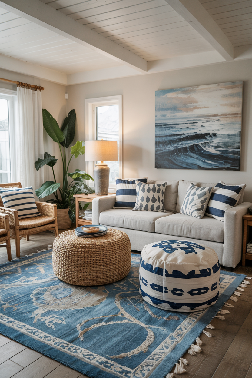 Coastal Living Room 2025 trends with cozy modern ideas rugs blue decor ...